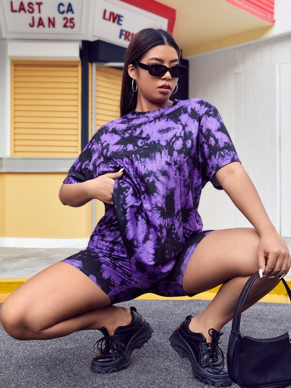 Shein Coolane Plus Tie Dye Print Drop Shoulder Tee And Shorts Shein Usa