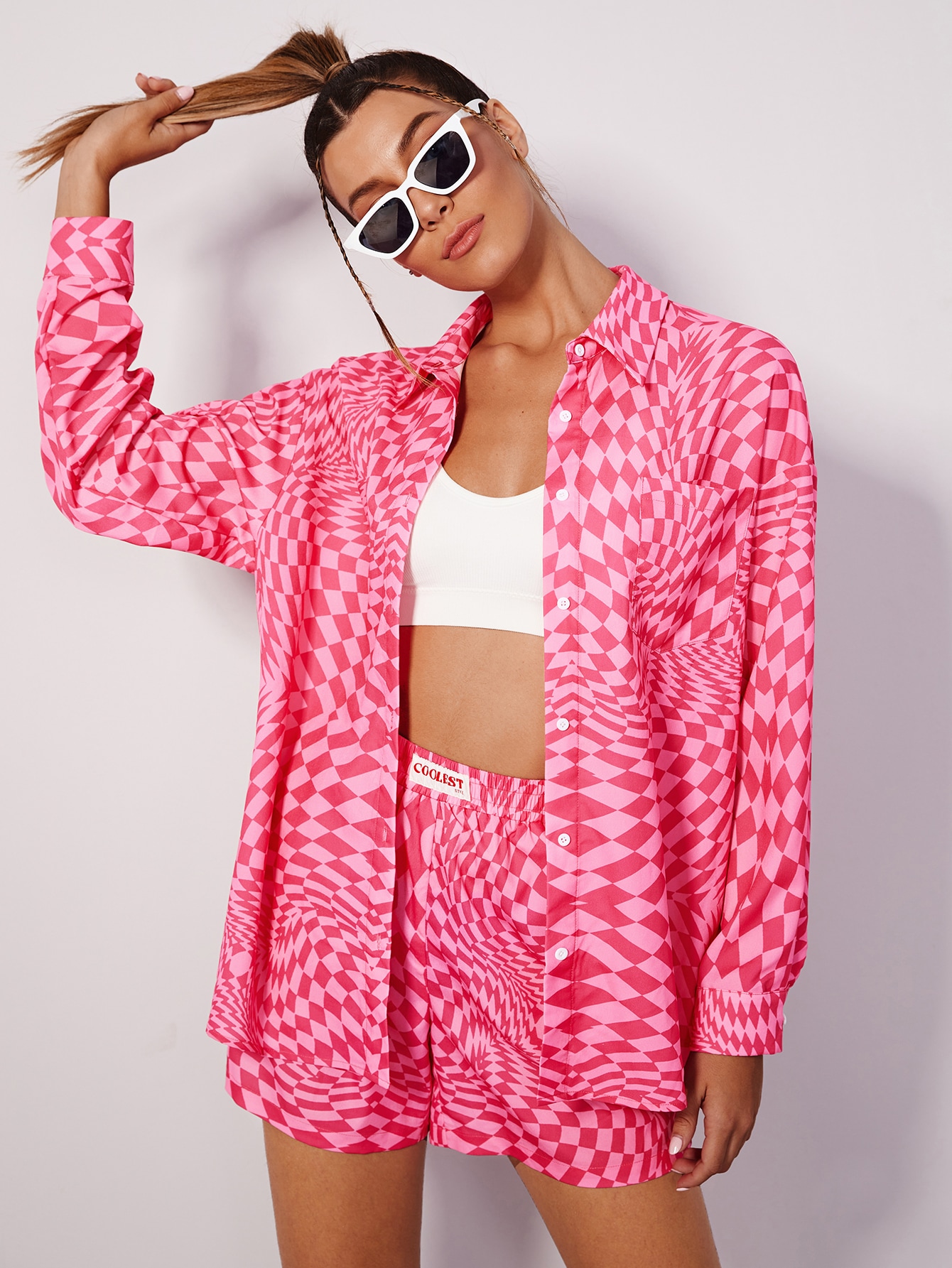 SHEIN Checker Print Drop Shoulder Blouse & Shorts Set