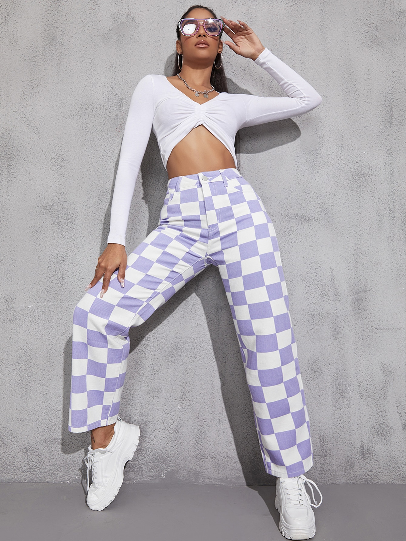 High Waist Checker Print Straight Leg Jeans for Sale Australia| New ...