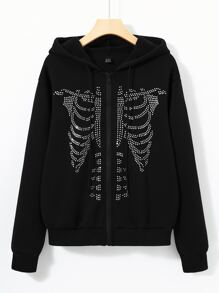 SHEIN Coolane Rhinestone Skeleton Pattern Zip Up Drawstring Thermal ...