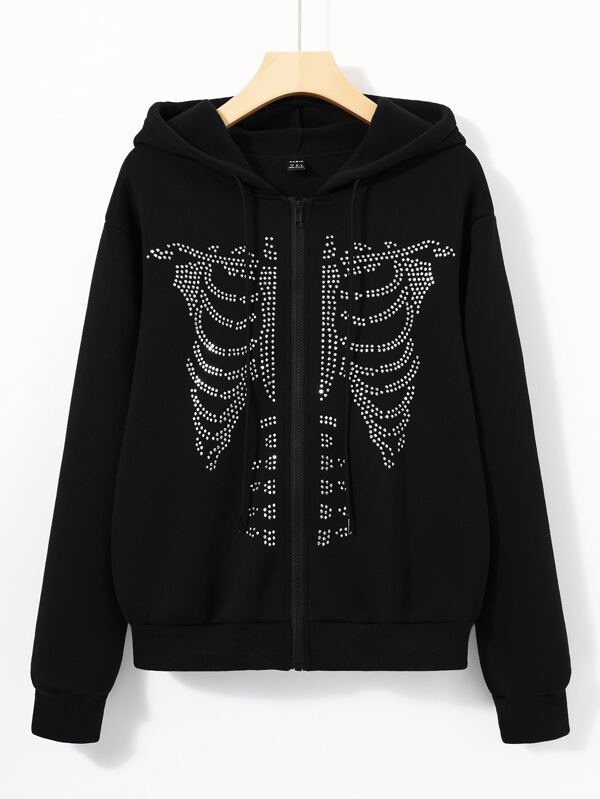 SHEIN Coolane Rhinestone Skeleton Pattern Zip Up Drawstring Thermal ...