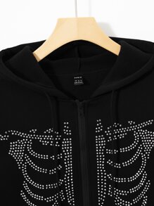 SHEIN Coolane Rhinestone Skeleton Pattern Zip Up Drawstring Thermal ...
