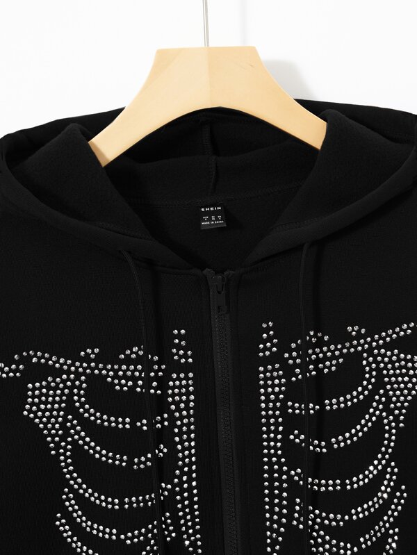 Shein Coolane Rhinestone Skeleton Pattern Zip Up Drawstring Thermal