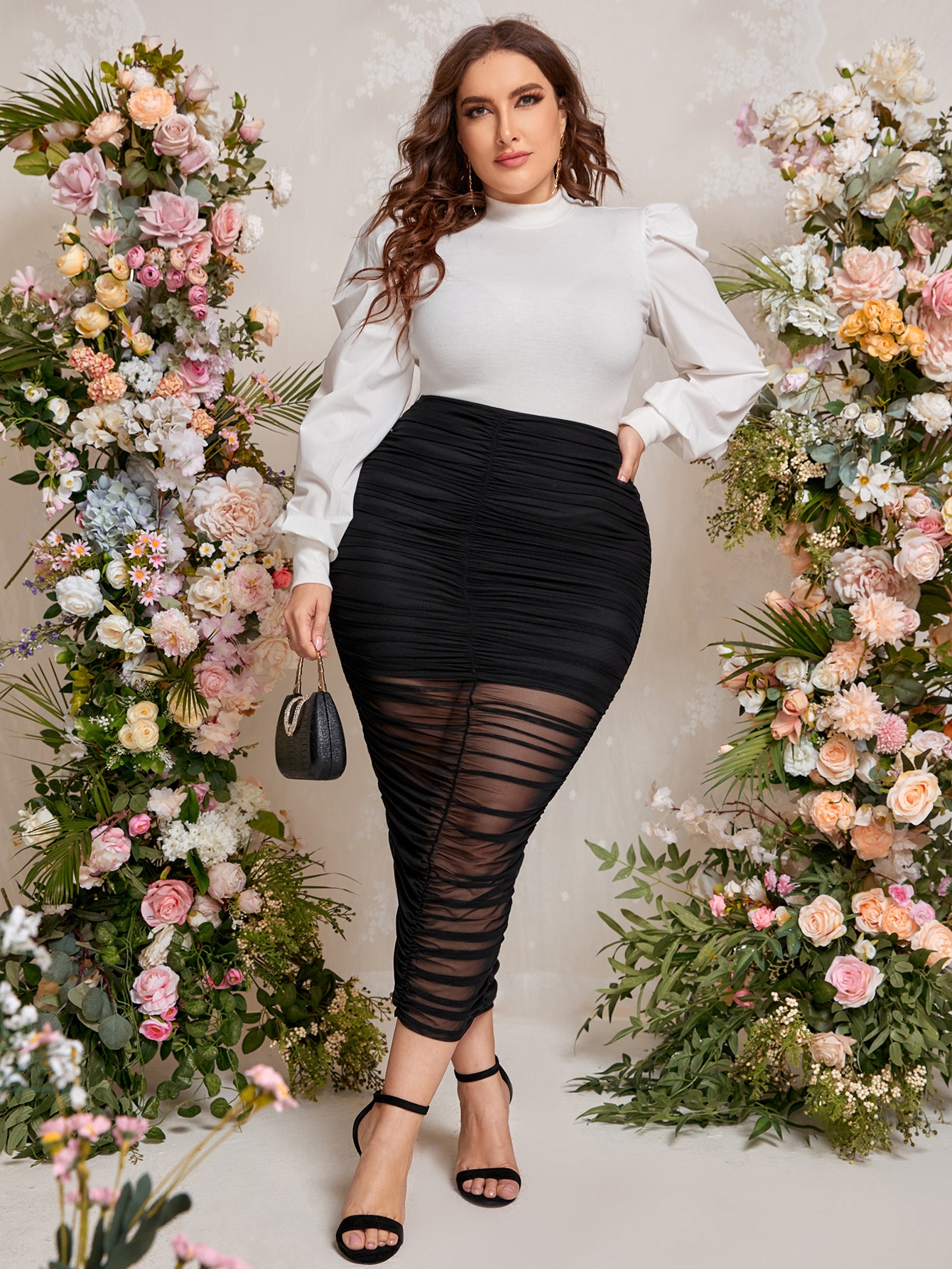SHEIN Privé Plus Mesh Overlay Pencil Skirt | SHEIN USA
