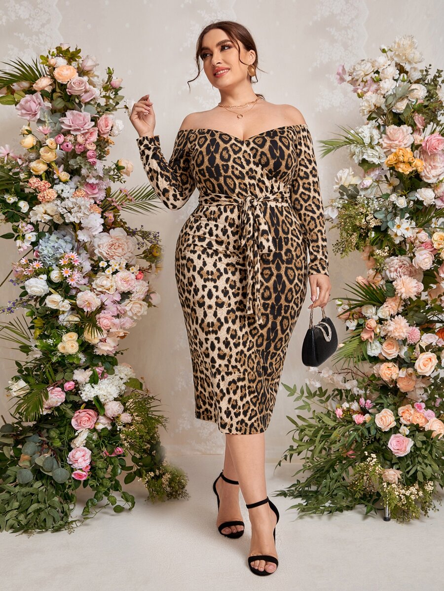 SHEIN Modely Plus Leopard Print Off The Shoulder Belted Bodycon Dress ...