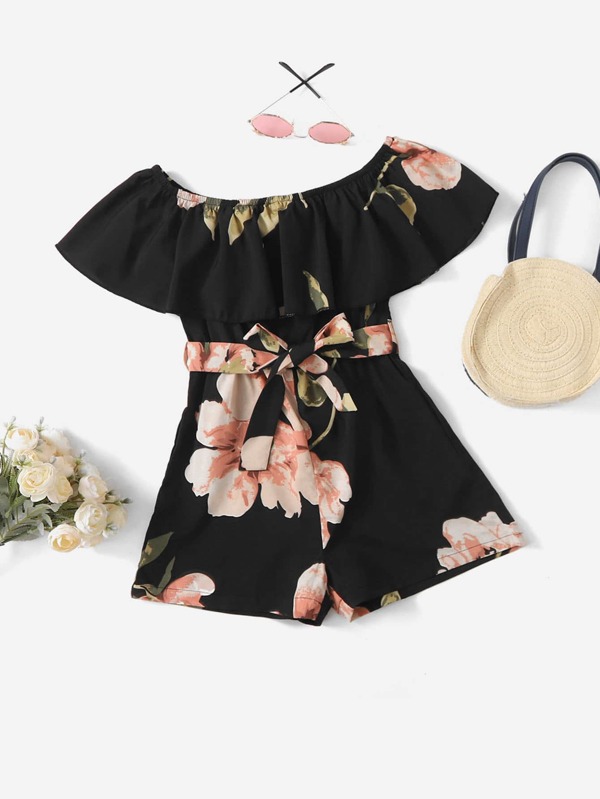 SHEIN Girls Off Shoulder Floral Print Belted Romper | SHEIN UK