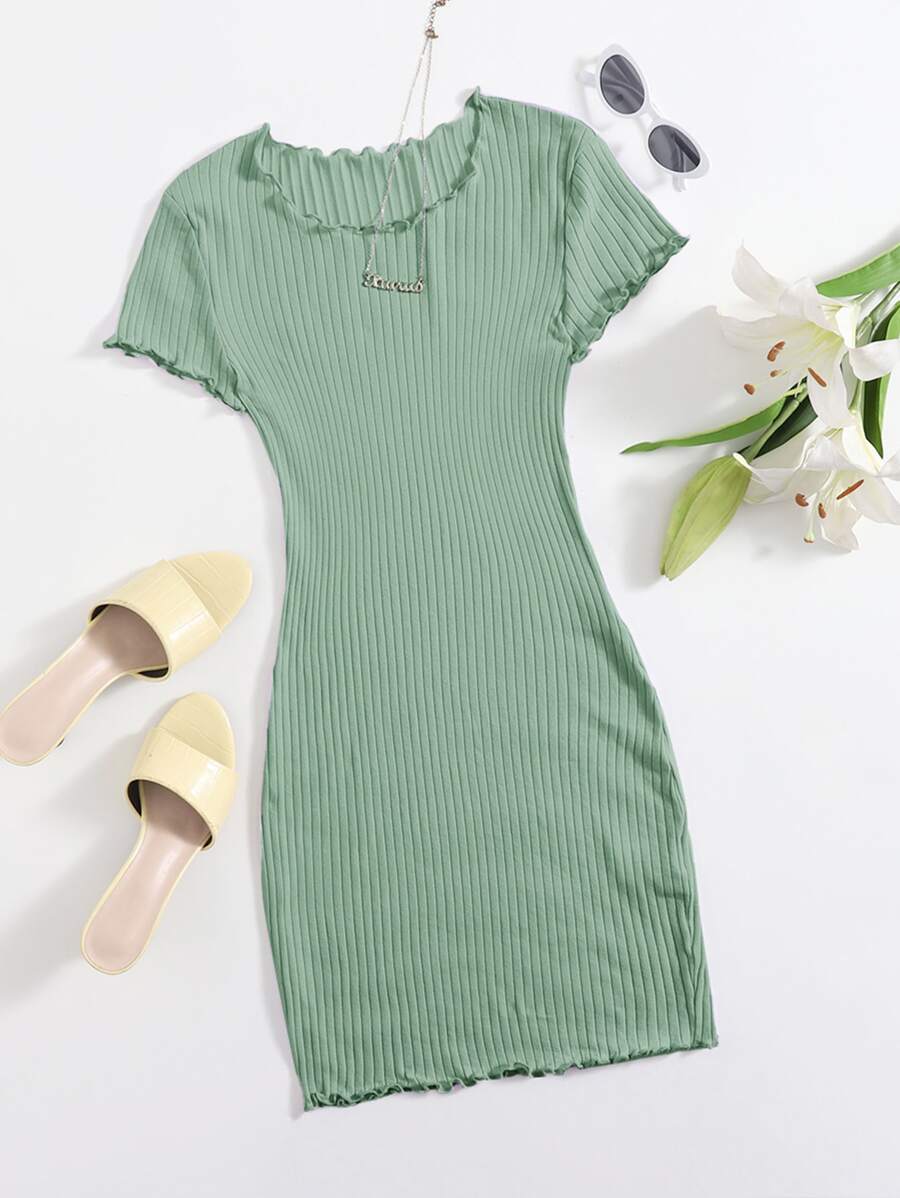 SHEIN EZwear Lettuce Trim Rib-Knit Bodycon Dress,Summer Dresses For ...