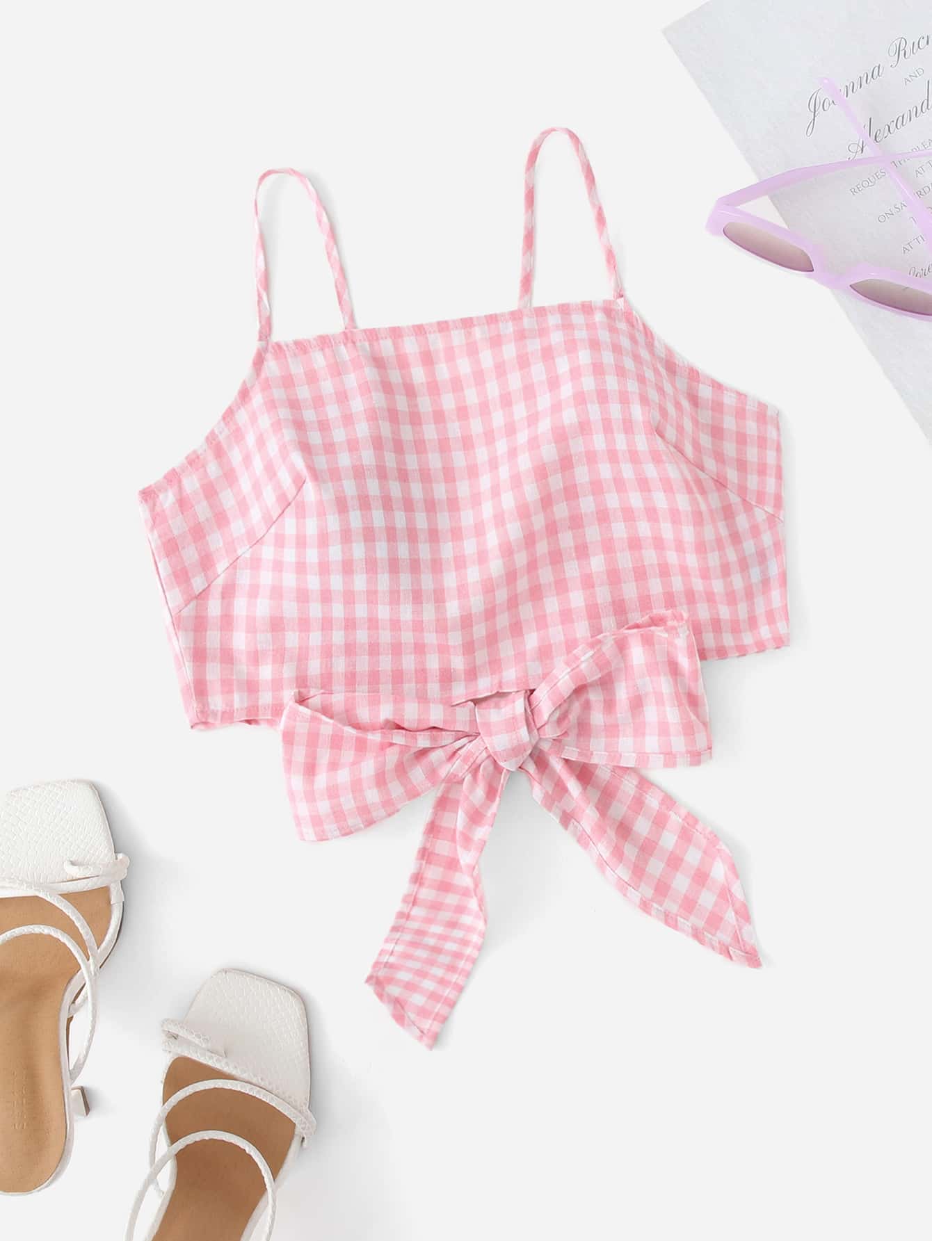 SHEIN WYWH Tie Back Gingham Print Crop Cami Top | SHEIN USA