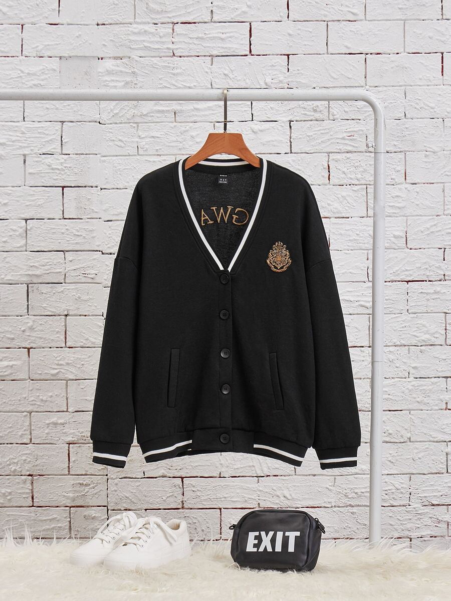 HARRY POTTER X SHEIN Letter Embroidery Drop Shoulder Striped Trim ...
