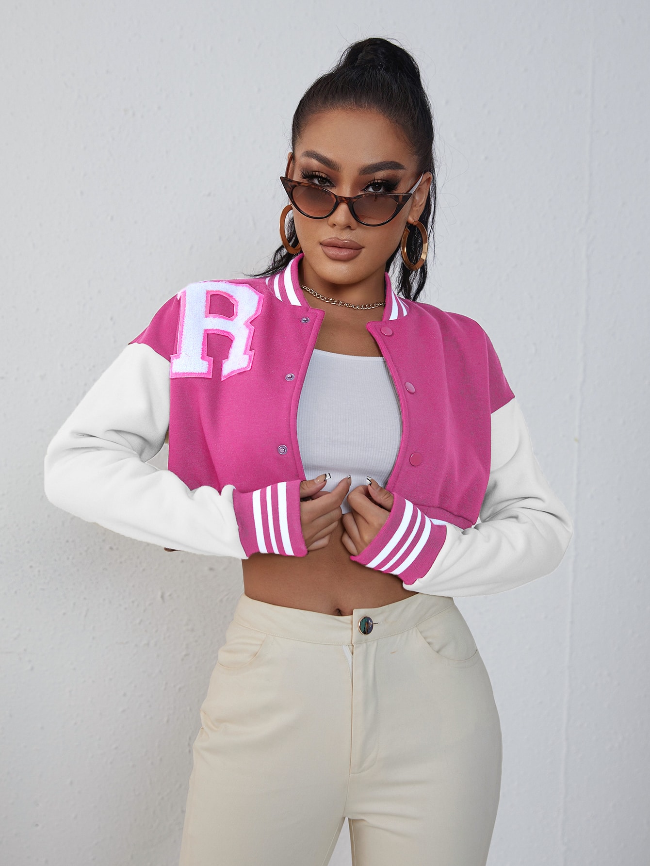 Letter Patched Striped Trim Drop Shoulder Crop Bomber Jacket