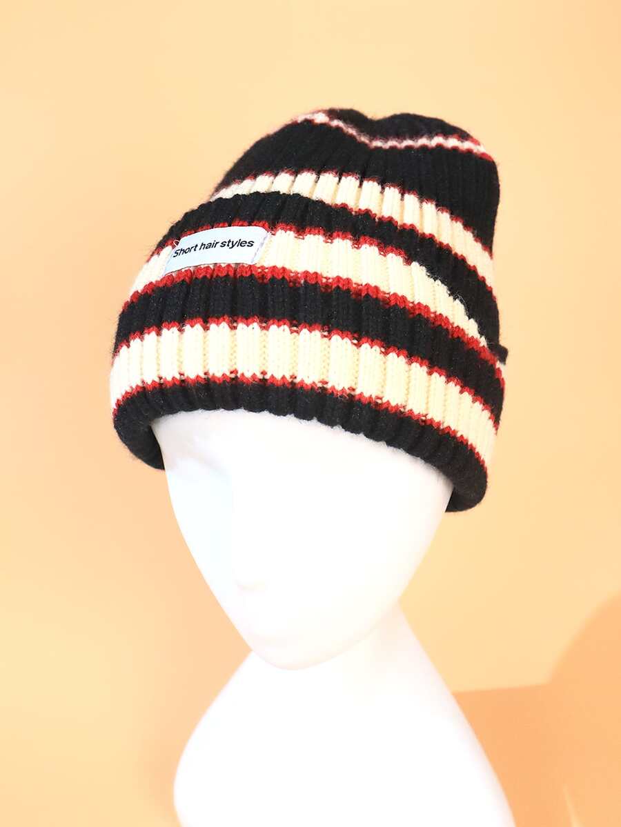 Slogan Patch Striped Knit Hat | SHEIN USA