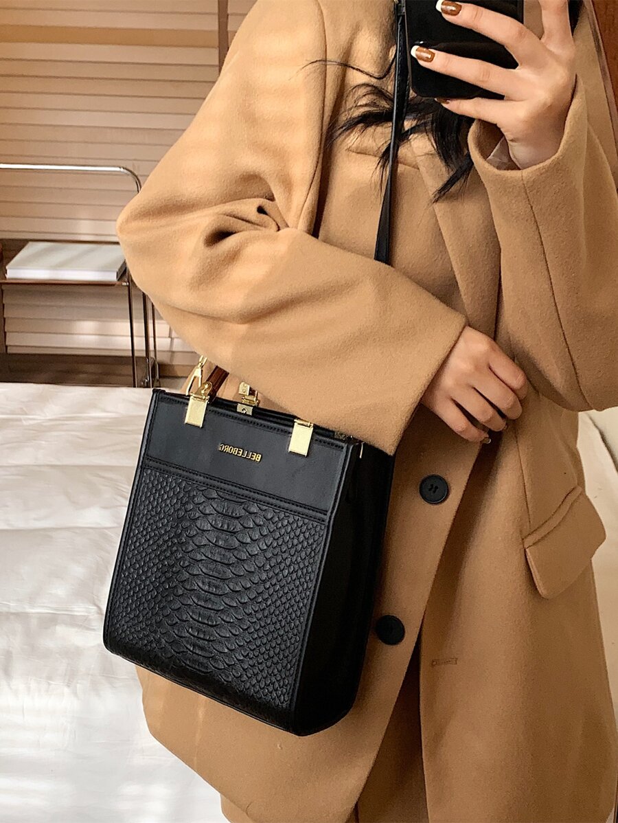 BELLEBORG Letter Graphic Snakeskin Embossed Square Bag | SHEIN USA