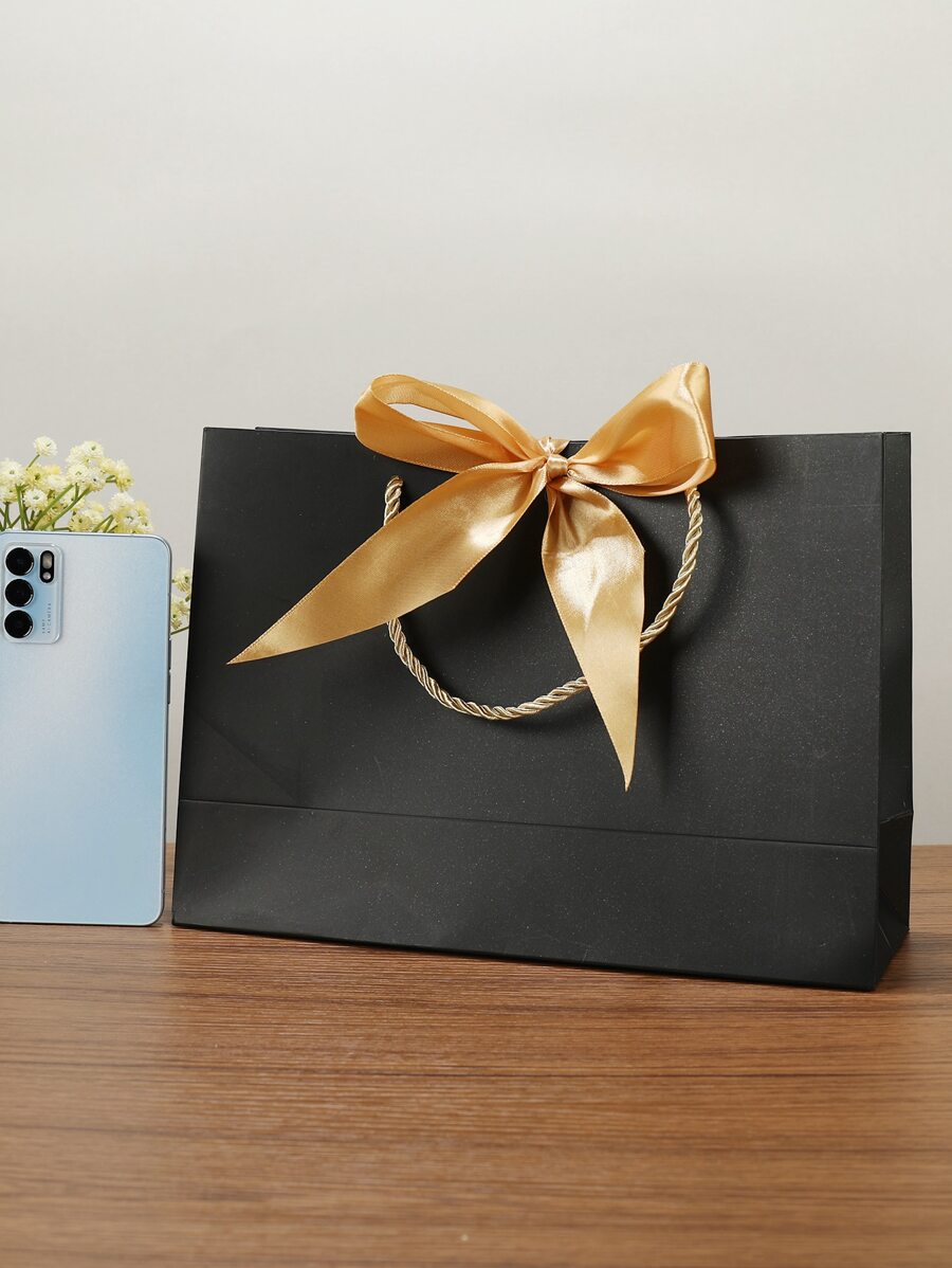 1pc Bow Decor Gift Bag, Simple Black Paper Gift Wrapping Bag For ...