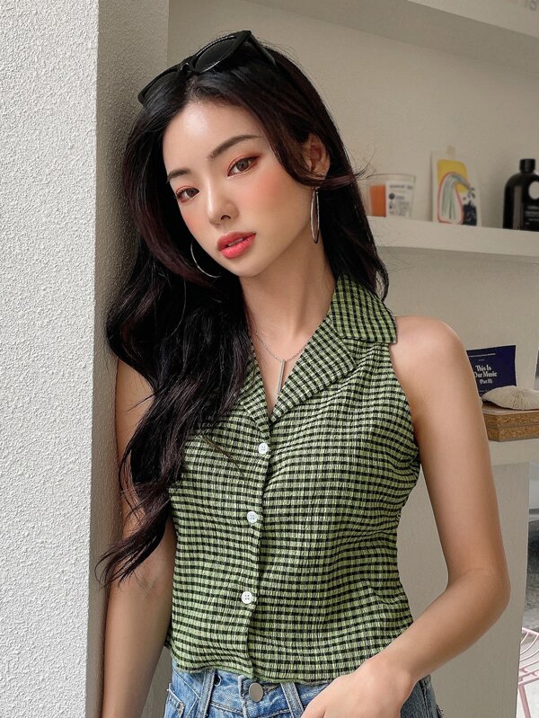 DAZY Kpop Plaid Lapel Collar Textured Blouse | SHEIN USA