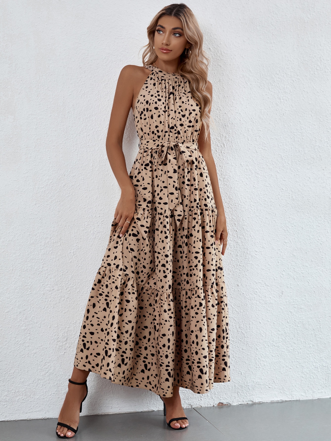 Halter Neck Allover Print Belted Ruffle Hem Dress