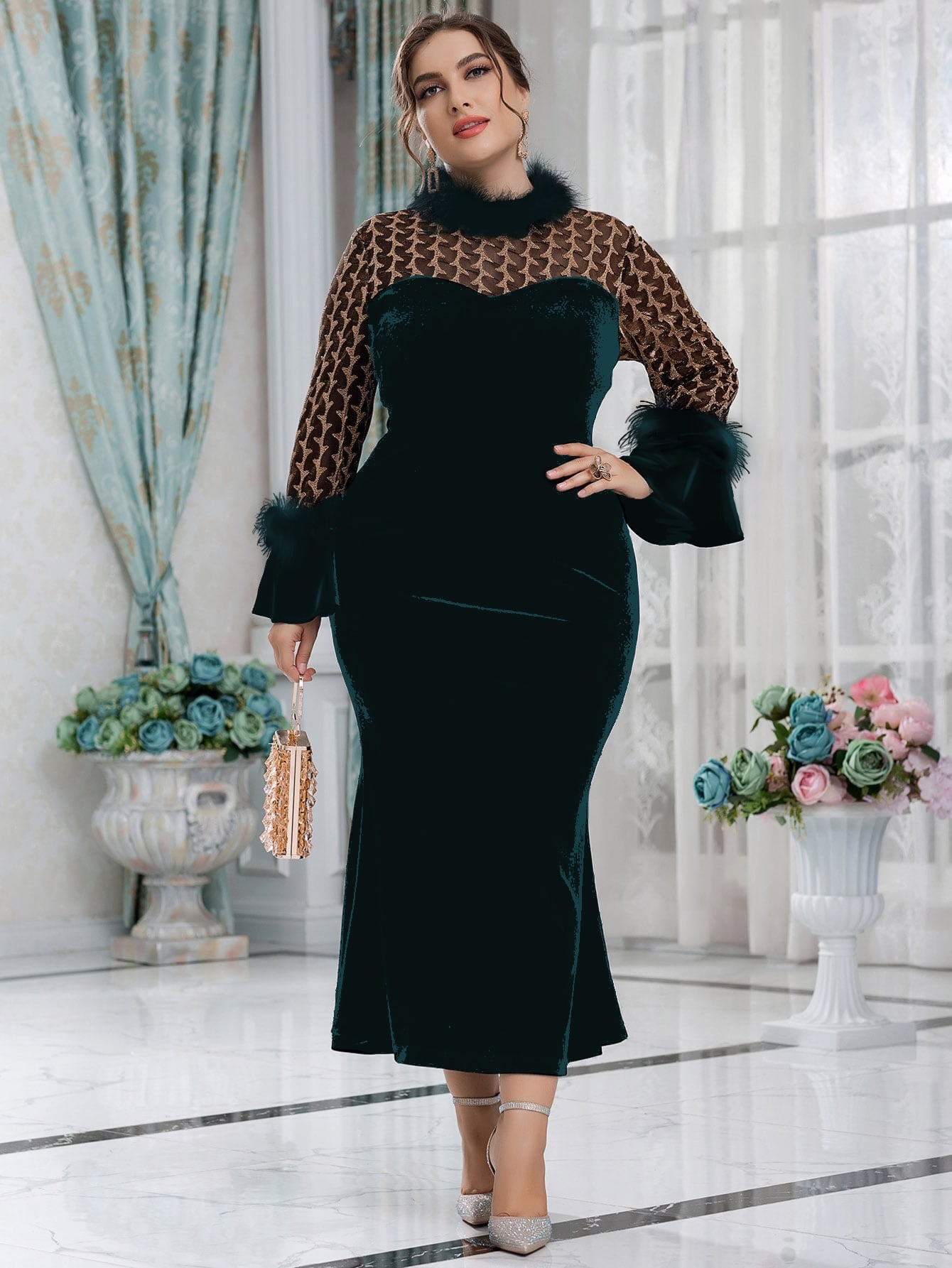 Plus Fuzzy Panel Velvet Dress | SHEIN USA