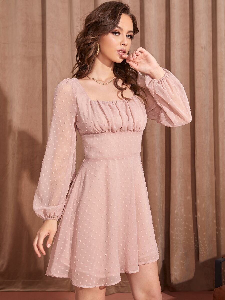 SHEIN Privé Ruched Bust Lantern Sleeve Swiss Dot Dress | SHEIN USA