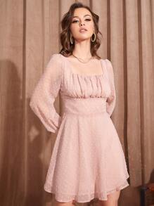 SHEIN Privé Ruched Bust Lantern Sleeve Swiss Dot Dress | SHEIN USA