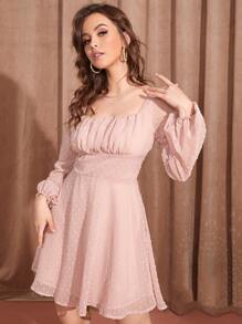 SHEIN Privé Ruched Bust Lantern Sleeve Swiss Dot Dress | SHEIN USA