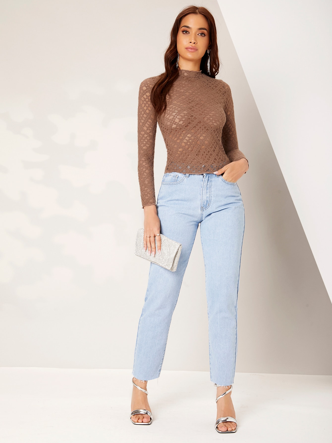 Shein Mock Neck Sheer Lace Top Without Bra Shein Usa