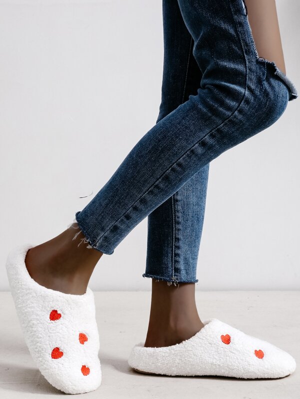 Heart Embroidery Fluffy Bedroom Slippers | SHEIN UK