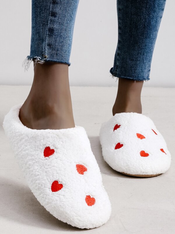 Heart Embroidery Fluffy Bedroom Slippers | SHEIN UK