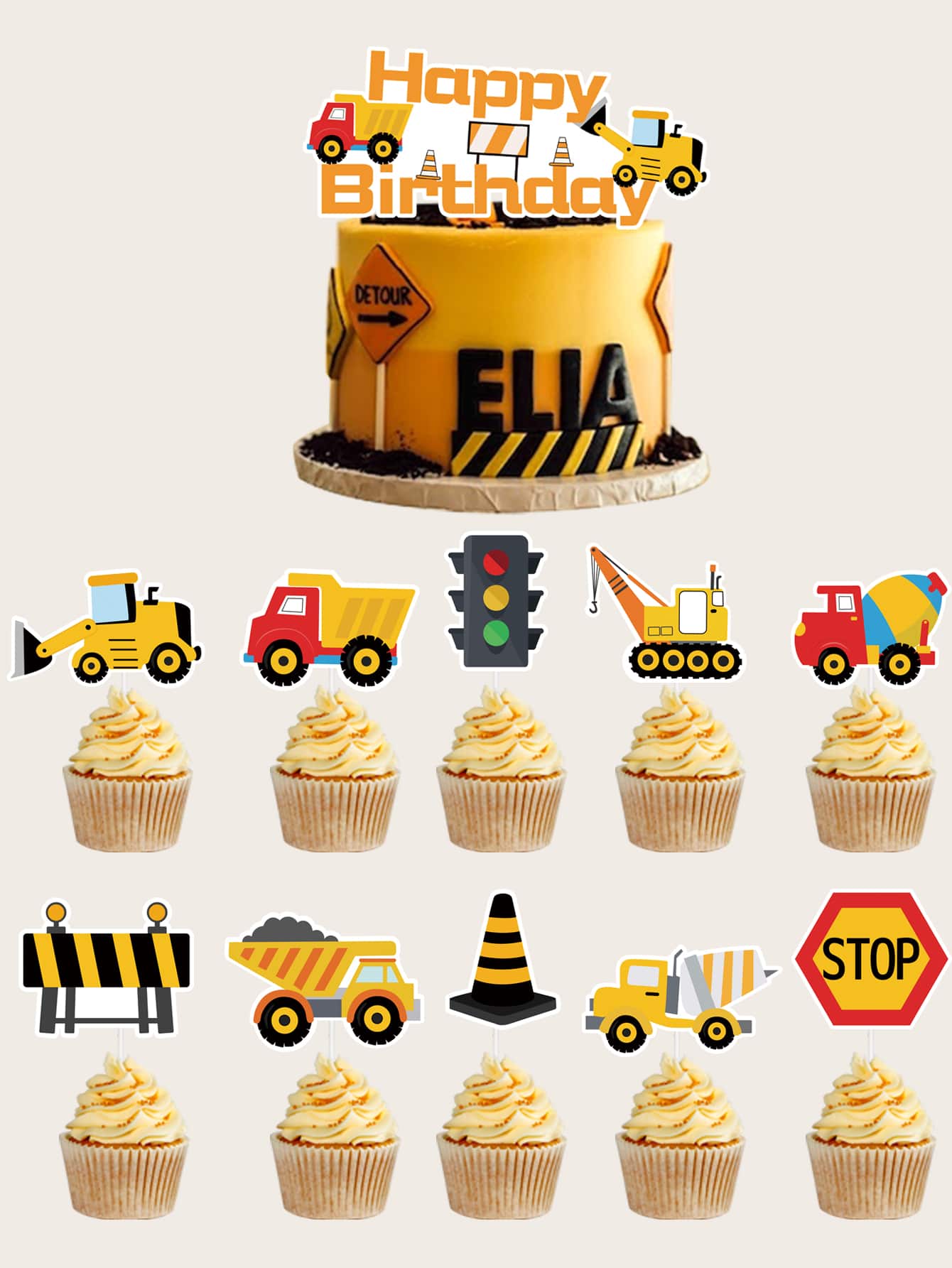 11pcs Construction Vehicle Theme Cupcake Toppers For Birthday Party ...