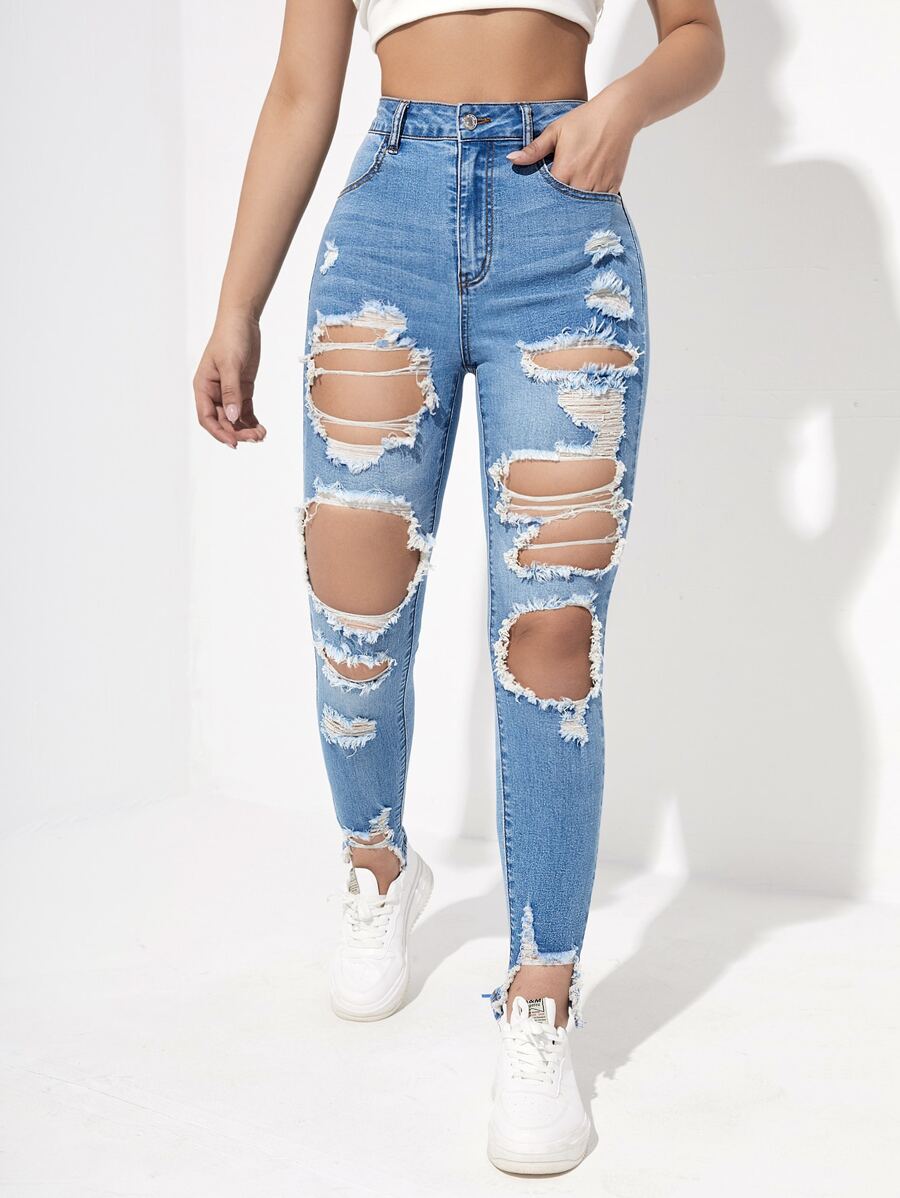 Jeanoix High Waisted Ripped Raw Hem Cutout Skinny Jeans Ripped Jeans ...
