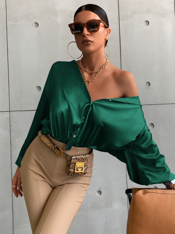 Shein Privé Bishop Sleeve Button Up Solid Shirt Shein Usa