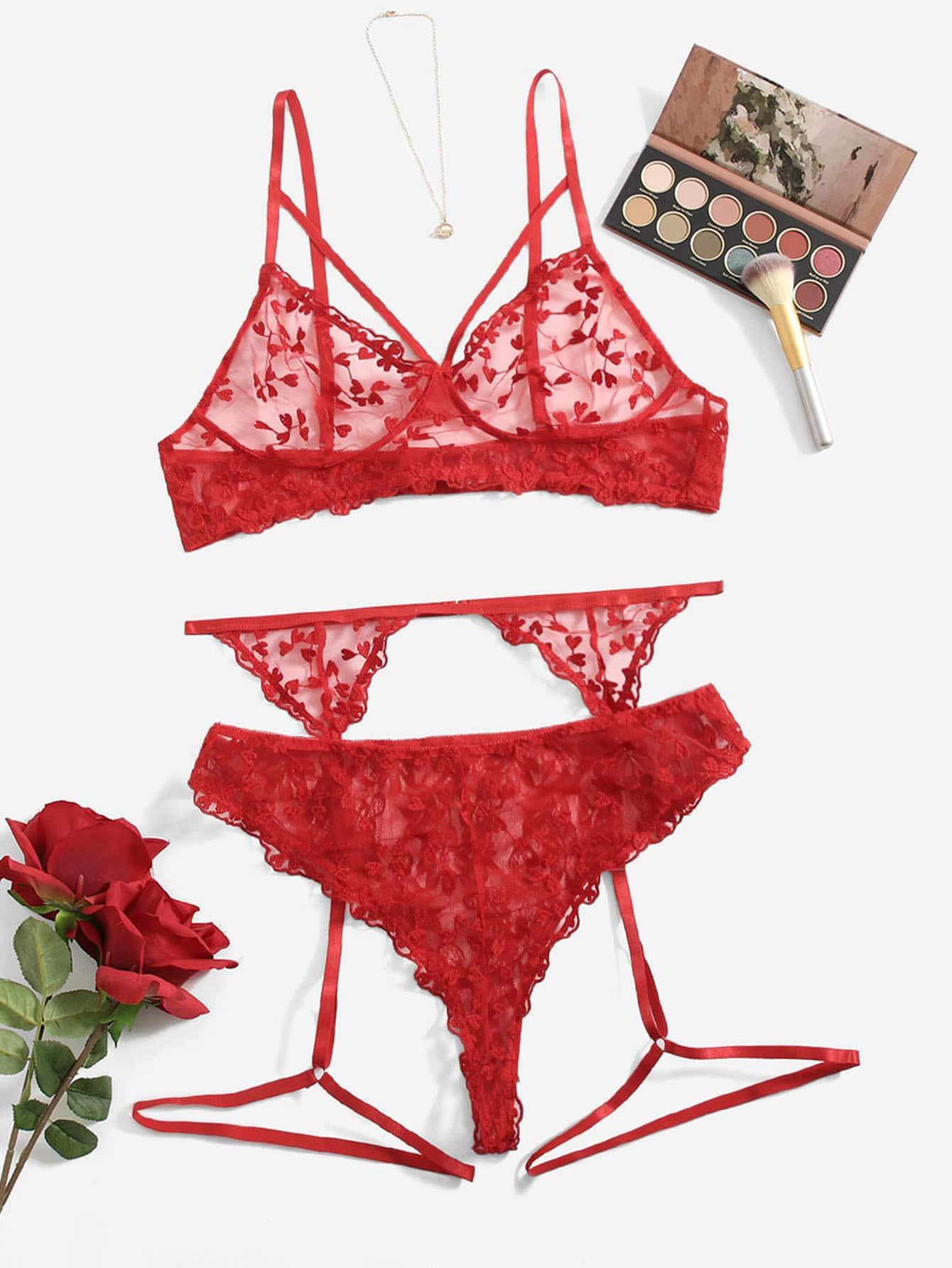 3pcs Plus Size Sexy Lingerie Set (Bra, Garter Belt, And Triangle ...
