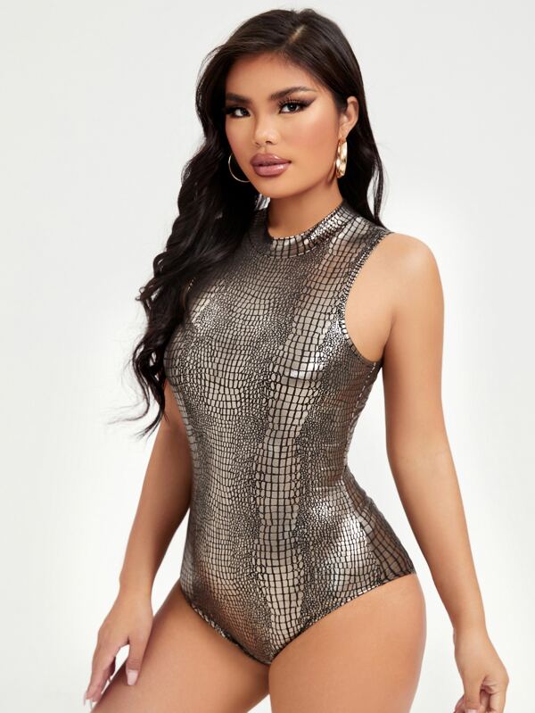 Shein Sxy Mock Neck Crocodile Embossed Tank Bodysuit Shein Uk