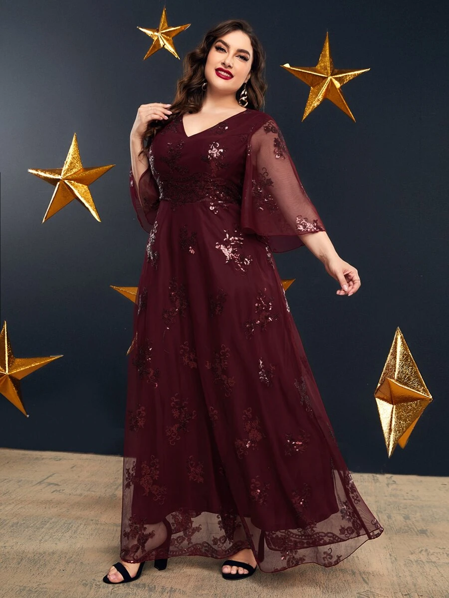 SHEIN Modely Burgundy Red Plus Sequin Decor Mesh Maxi Dress, For ...