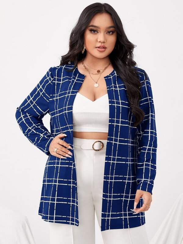 SHEIN Clasi Plus Grid Print Open Front Coat | SHEIN USA