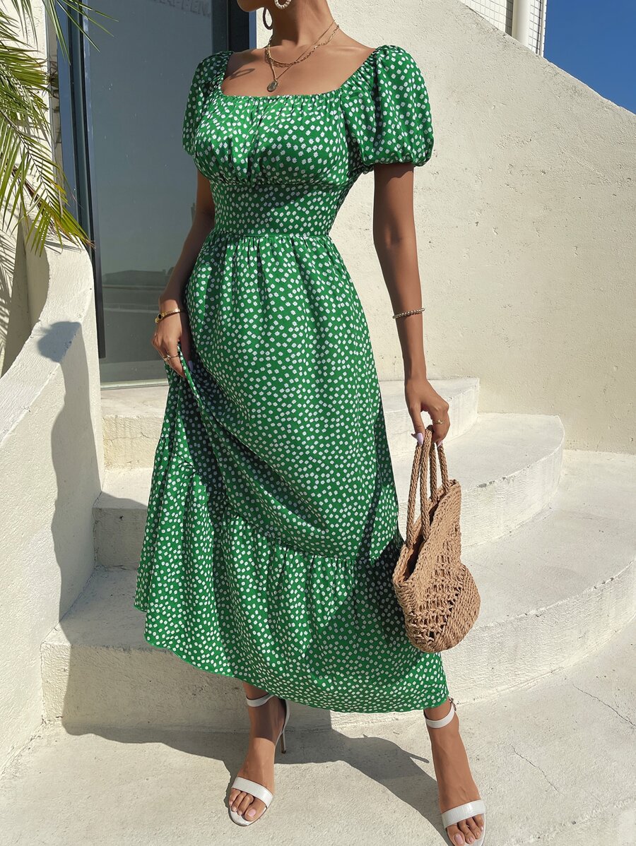 SHEIN Holidaya Ditsy Floral Print Puff Sleeve Ruched Bust Ruffle Hem Dress Maxi Vacation Beach ...