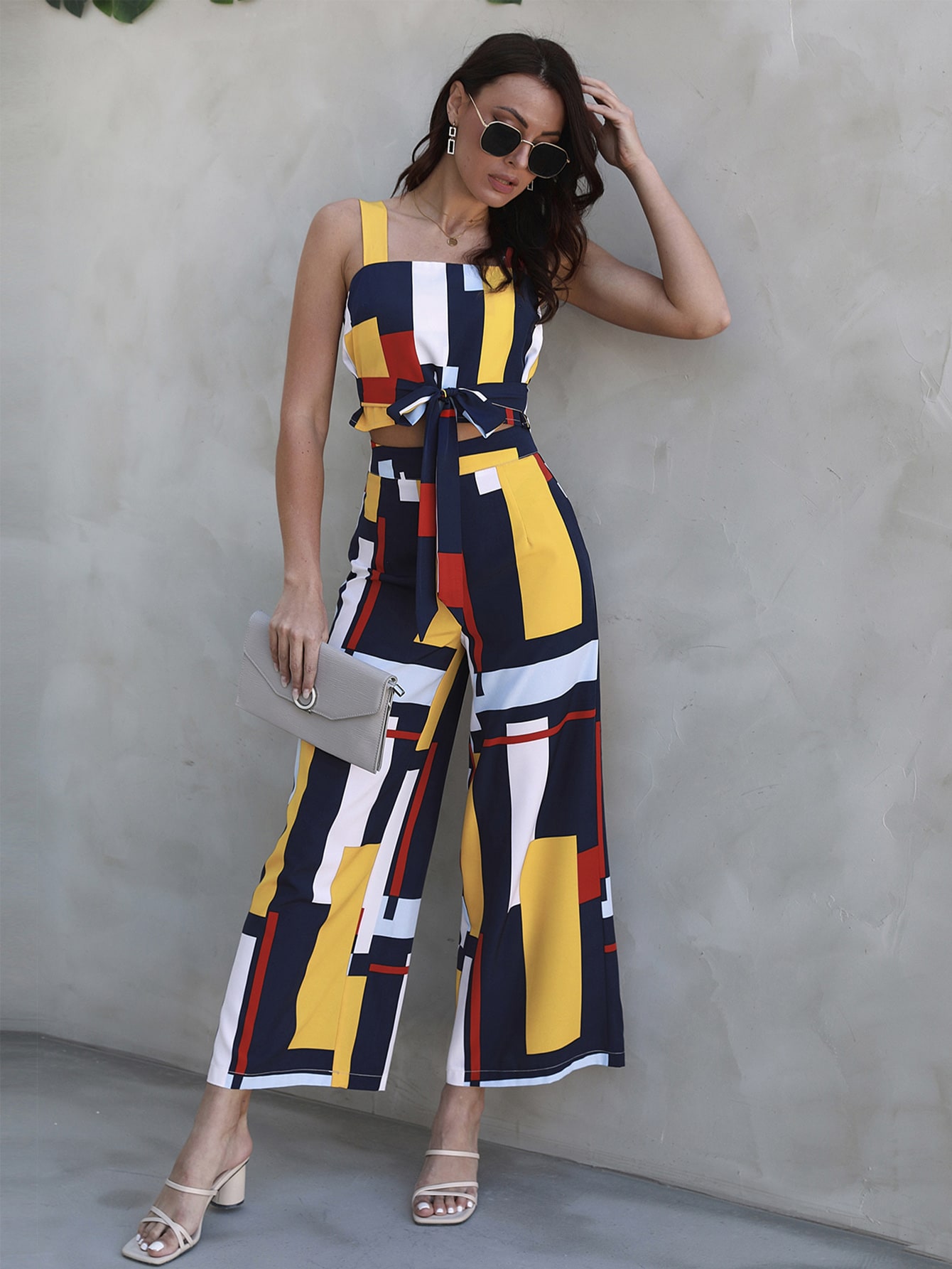 SHEIN LUNE Color Block Knot Front Crop Cami Top & Wide Leg Pants for ...