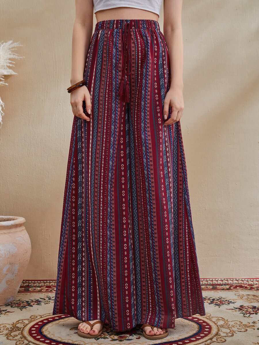 SHEIN Mulvari Mixed Print Tassel Knot Waist Palazzo Pants | SHEIN USA