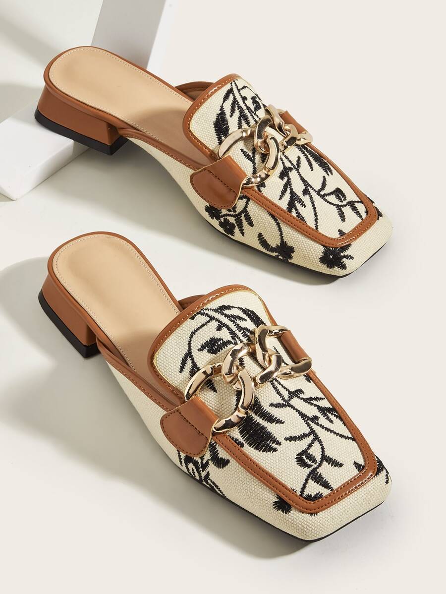 Floral Embroidery Snaffle Decor Flat Mules | SHEIN USA