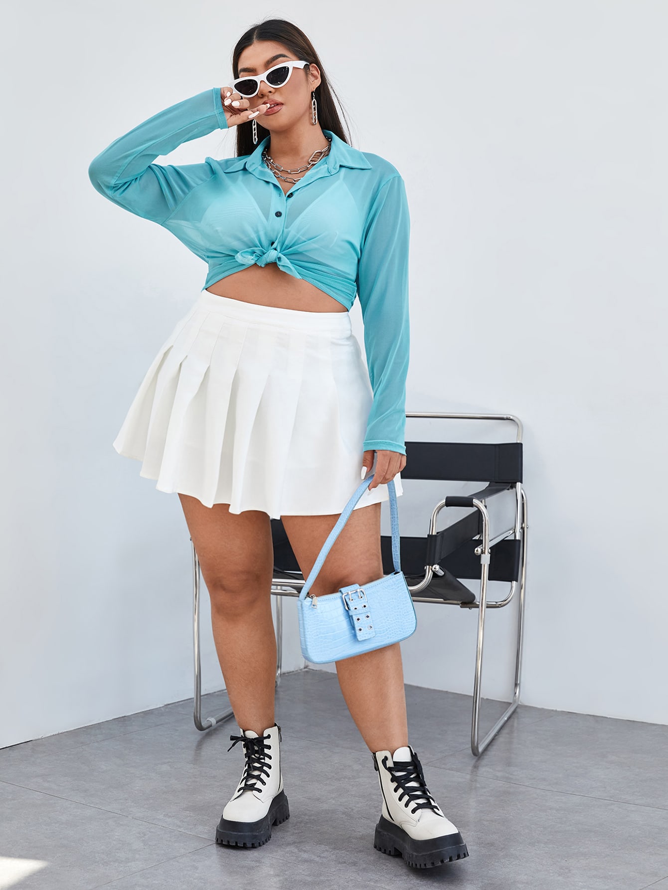 Plus Button Front Mesh Shirt Without Bra | SHEIN USA