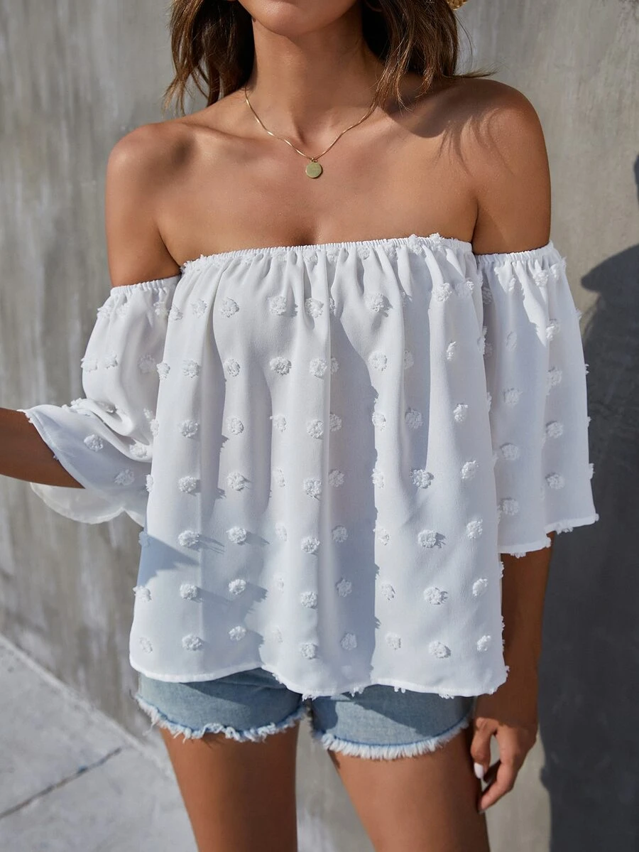 Off Shoulder Swiss Dot Top | SHEIN USA