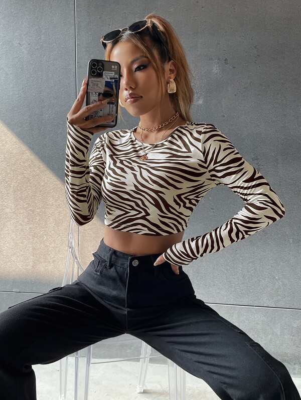 SHEIN EZwear Zebra Stripe Print Crop Tee | SHEIN USA