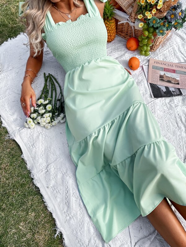 Tie Shoulder Shirred Ruffle Hem Cami Dress | SHEIN USA