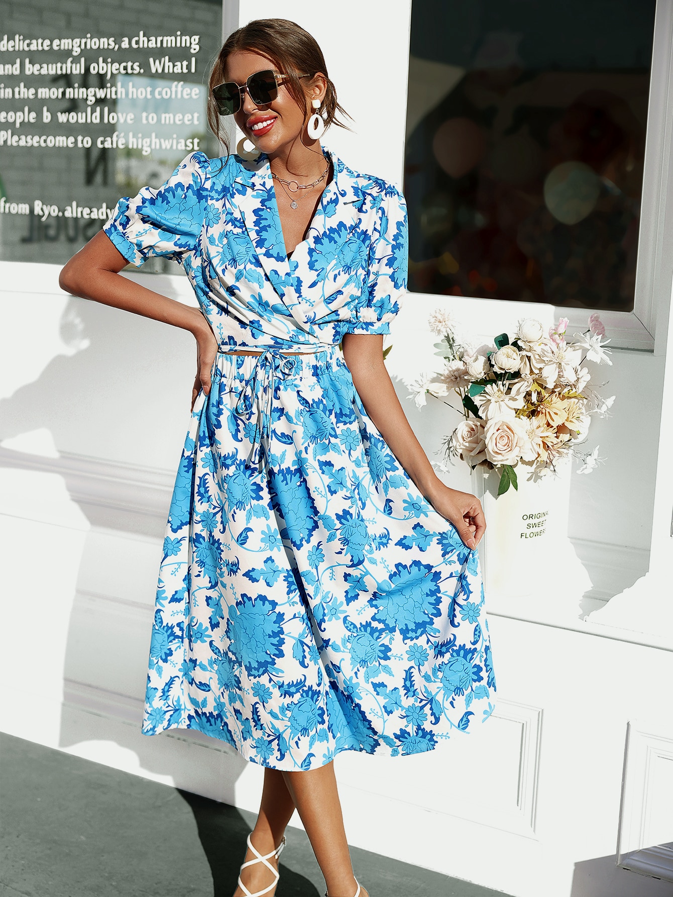 Floral Print Puff Sleeve Knot Front Blouse And Skirt Shein Usa