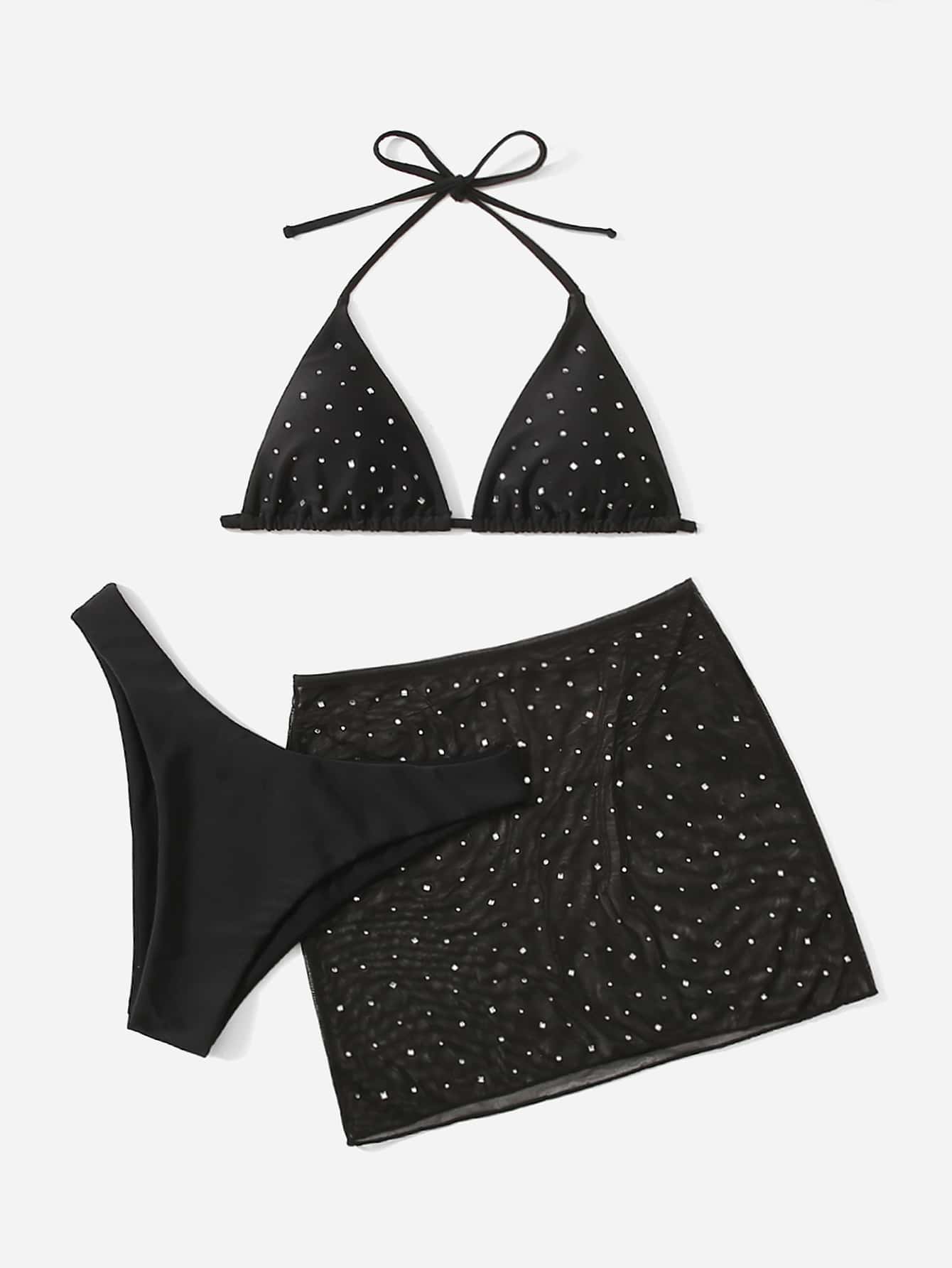 Shein Swim Y2glam Malha Conjunto De Biquíni Strass Cabresto Triângulo