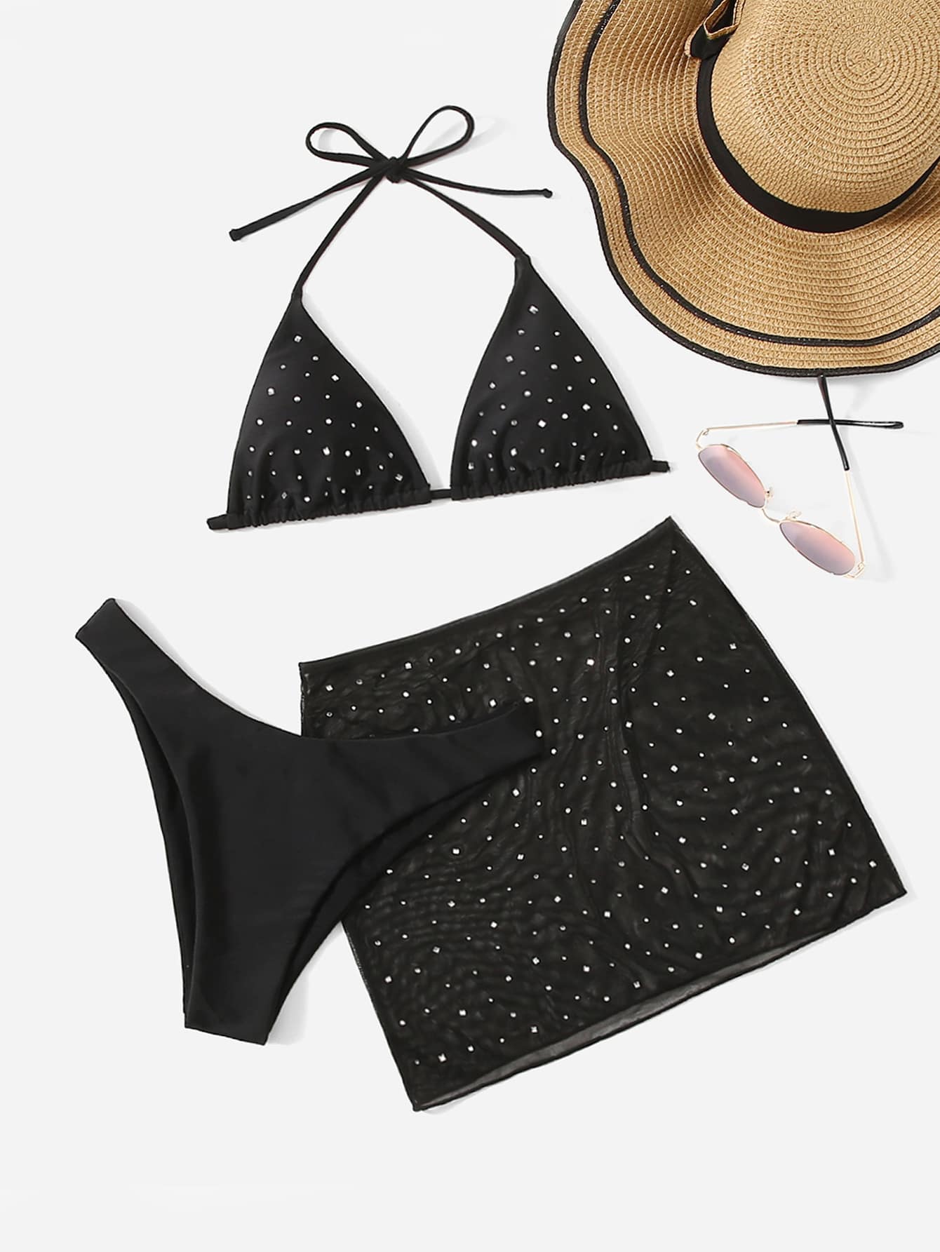 SHEIN Swim Event Malha conjunto de biquíni strass cabresto triângulo ...