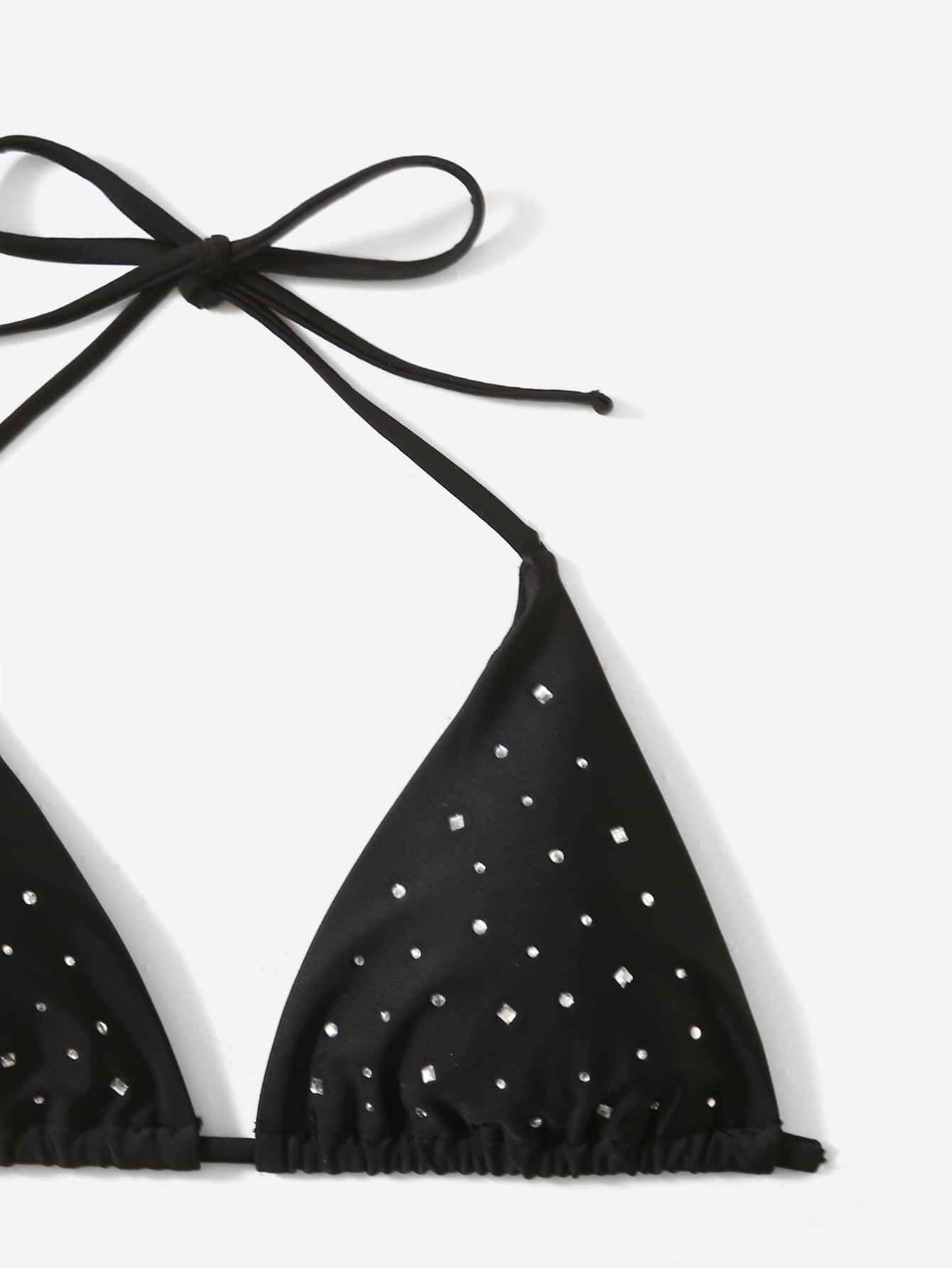 SHEIN Swim Malha conjunto de biquíni strass cabresto triângulo sutiã ...