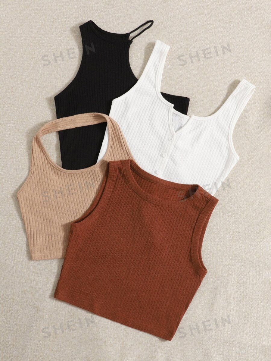 Shein Ezwear 4pcs Solid Ribbed Knit Crop Top Shein Usa