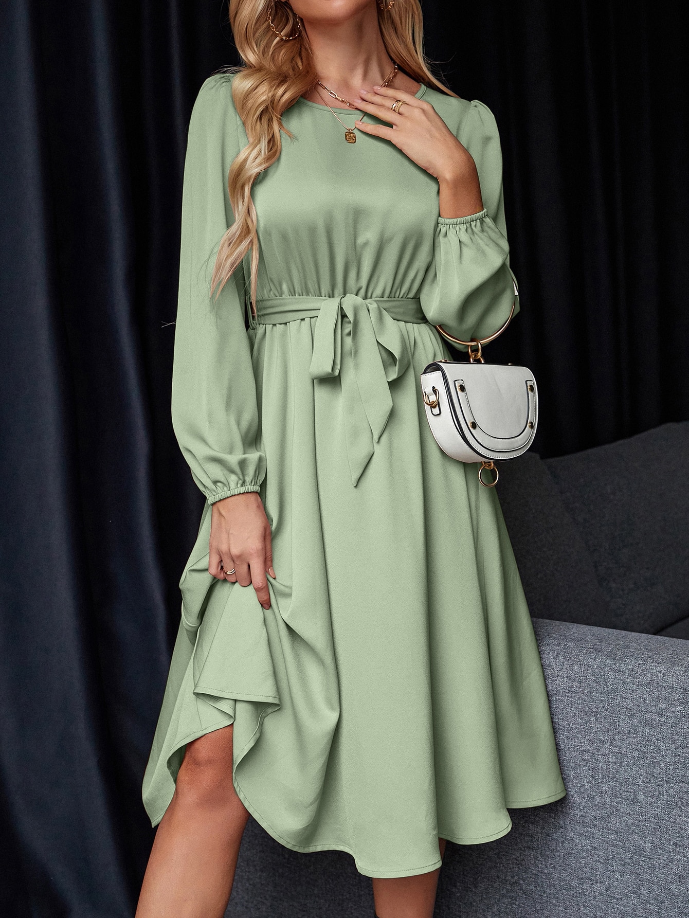 Shein Privé Lantern Sleeve Keyhole Back Belted Satin Dress For Sale