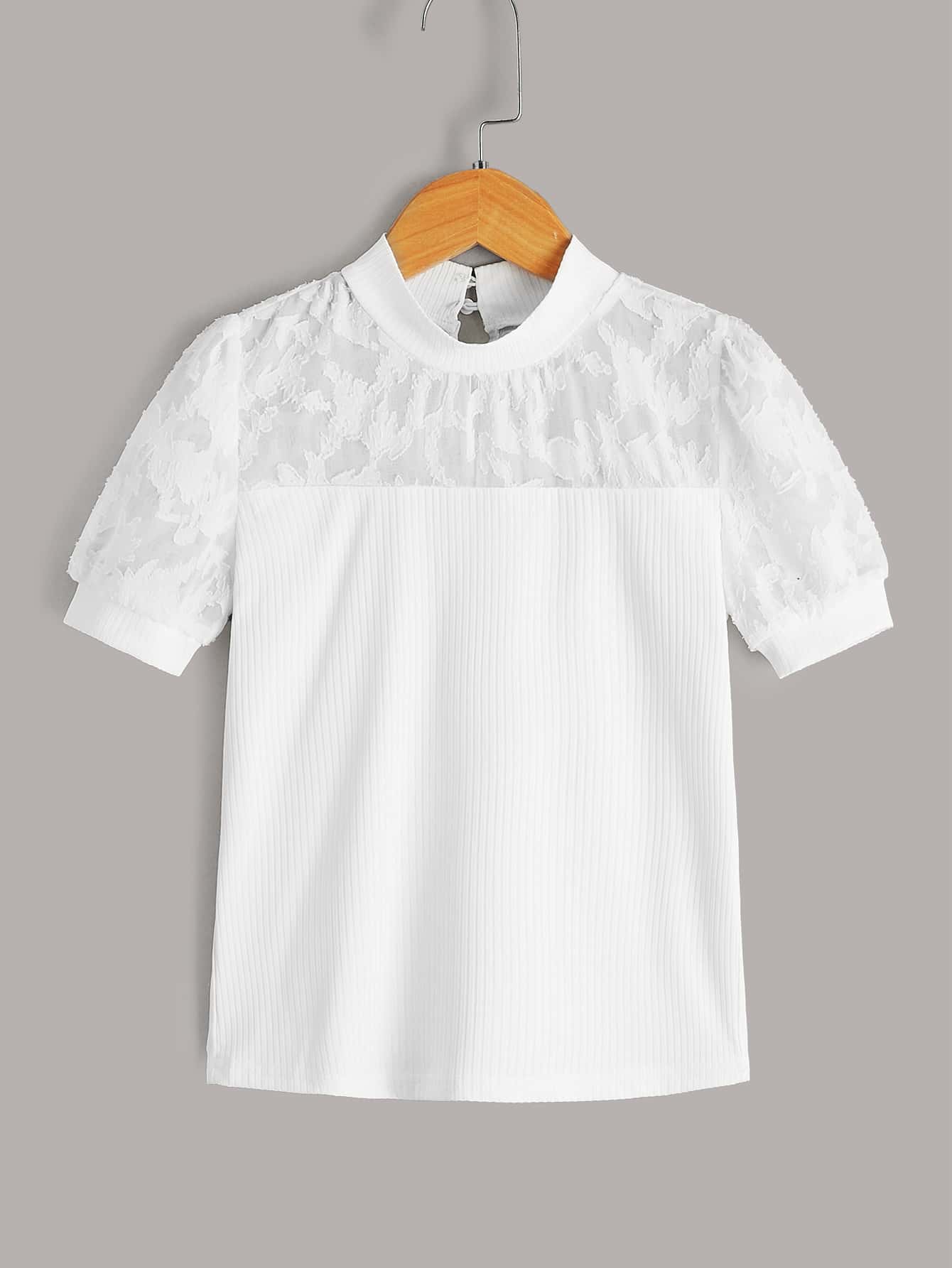 SHEIN Tween Girl Solid Lace Yoke Puff Sleeve Tee | SHEIN USA