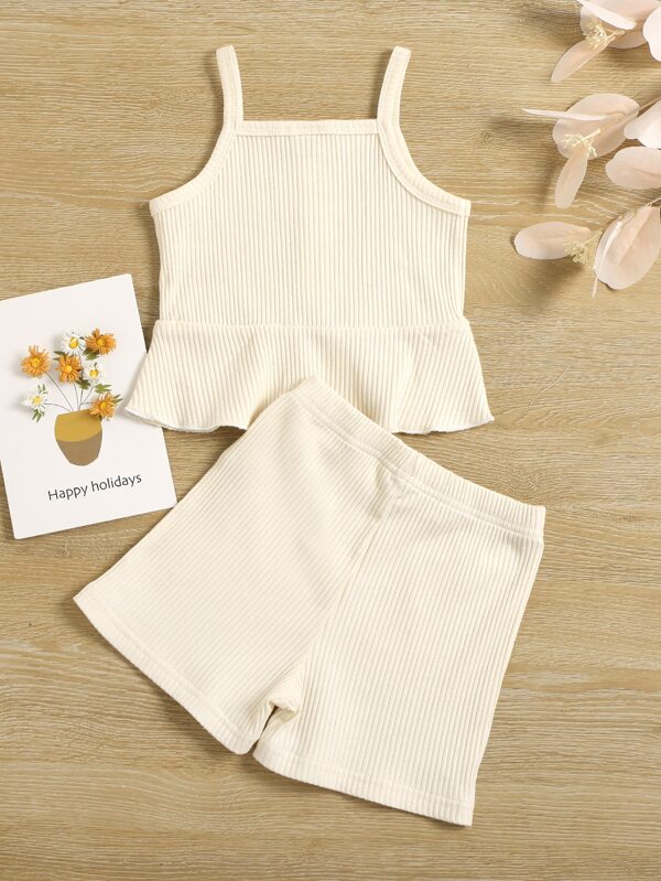 SHEIN Kids EVRYDAY Casual Vlak Kleutermeisje tweestuk set Geribd Geplisseerde Voorpand met ...