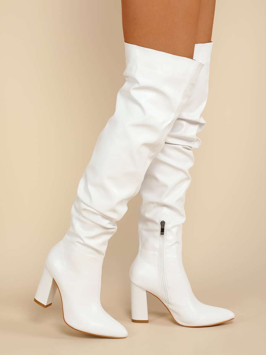 Women's Chunky Heel Pointed Toe Knee-high White Boots With Zipper ...